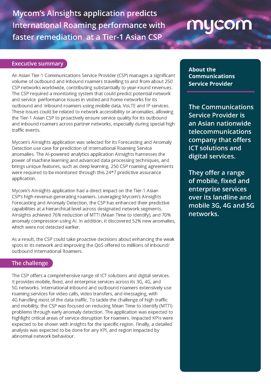 Case Study | Tier 1 CSP AInsights International Roaming - Mycom