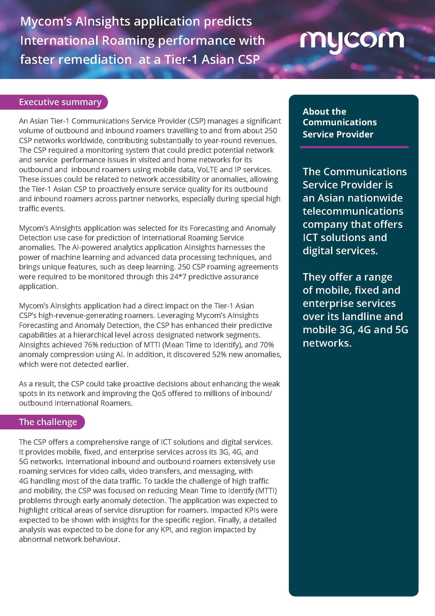 Case Study | Tier 1 CSP AInsights International Roaming - Mycom
